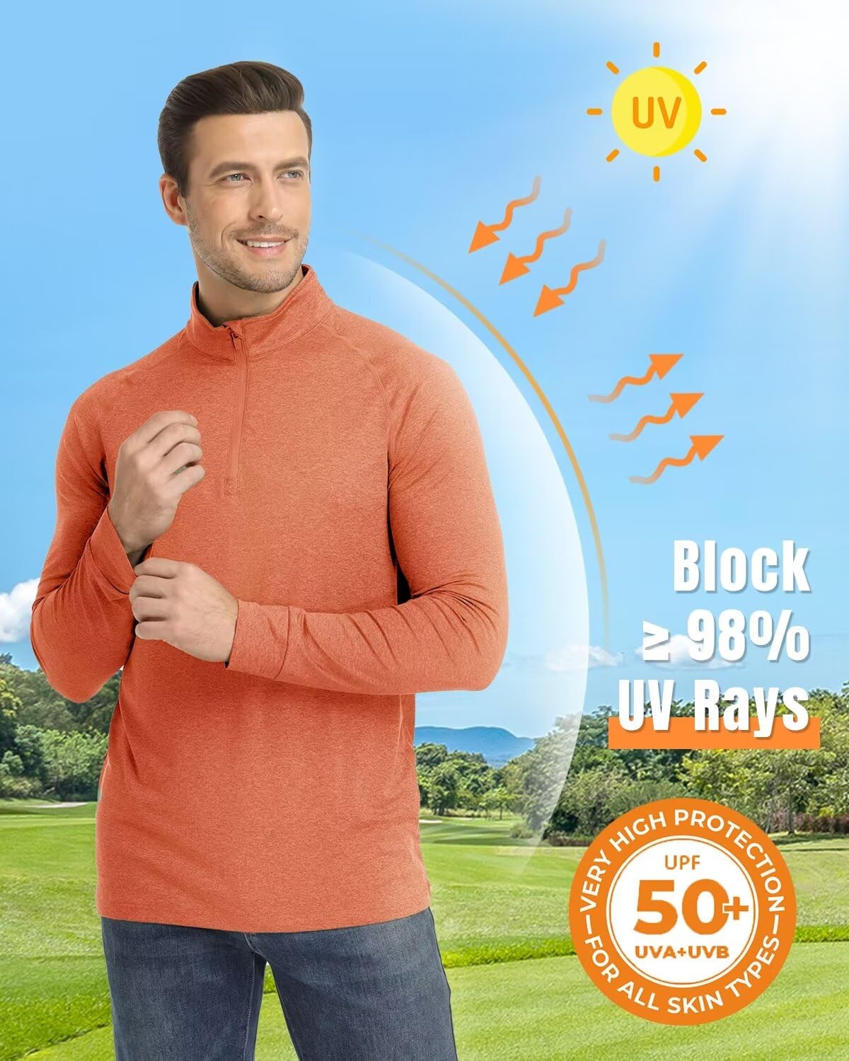 Boladeci Mens Pullover Quarter Zip UPF 50 UV Protection Half 1/4 3/4 1/2 Zip Light Blue Long Sleeve Gym SPF Dry Fit Sun Shirts Rash Guard Golf Tee