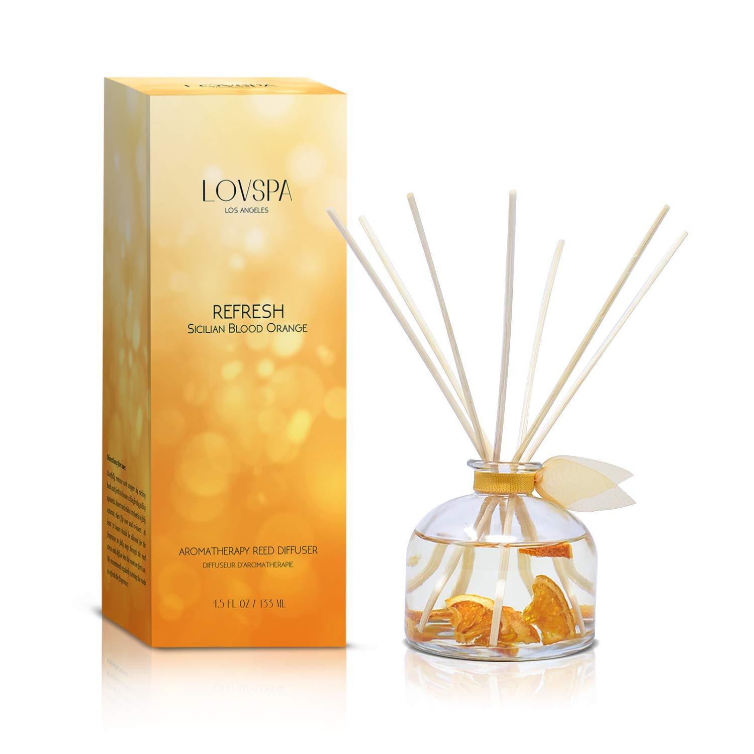 LOVSPA Refresh Sicilian Blood Orange Citrus Essential Oil Reed Diffuser Set with Real Orange Pieces! Aromatherapy Fragrance Room Air Freshener