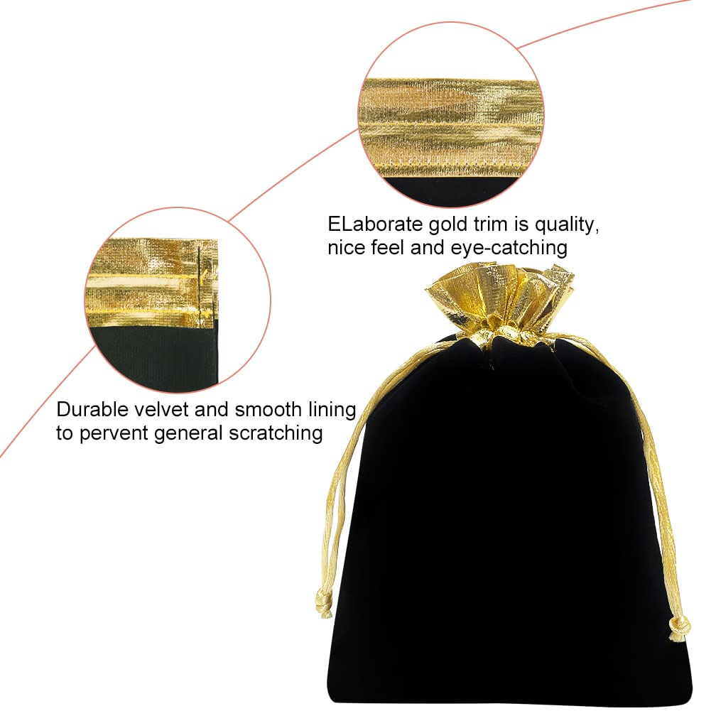 HRX Package 10pcs Velvet Bags with Drawstrings 5x7 inch, Black Gold Cloth Gift Pouches Baggies Sacks for Jewelry Dice Party Favor