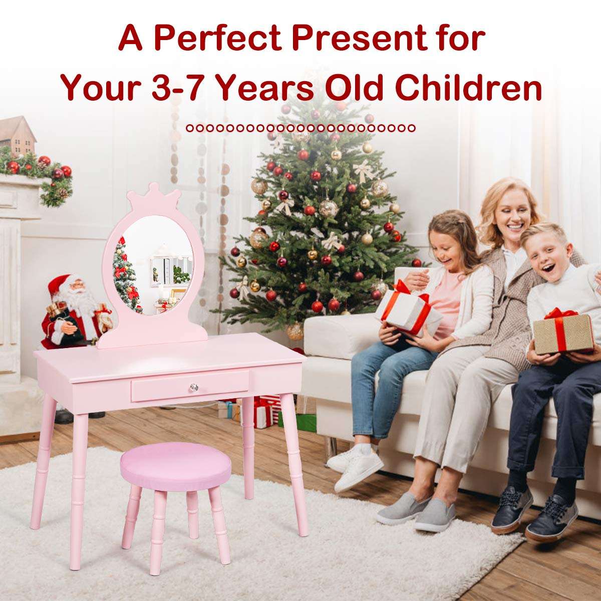 GOFLAME Kids Vanity Set, Princess Dressing Table Set, Wooden Dresser, Little Girls Makeup Table and Stool Set, Pretend Beauty Play Set with Real Mirror, Pull-Out Drawer and Cushioned Stool (Pink)