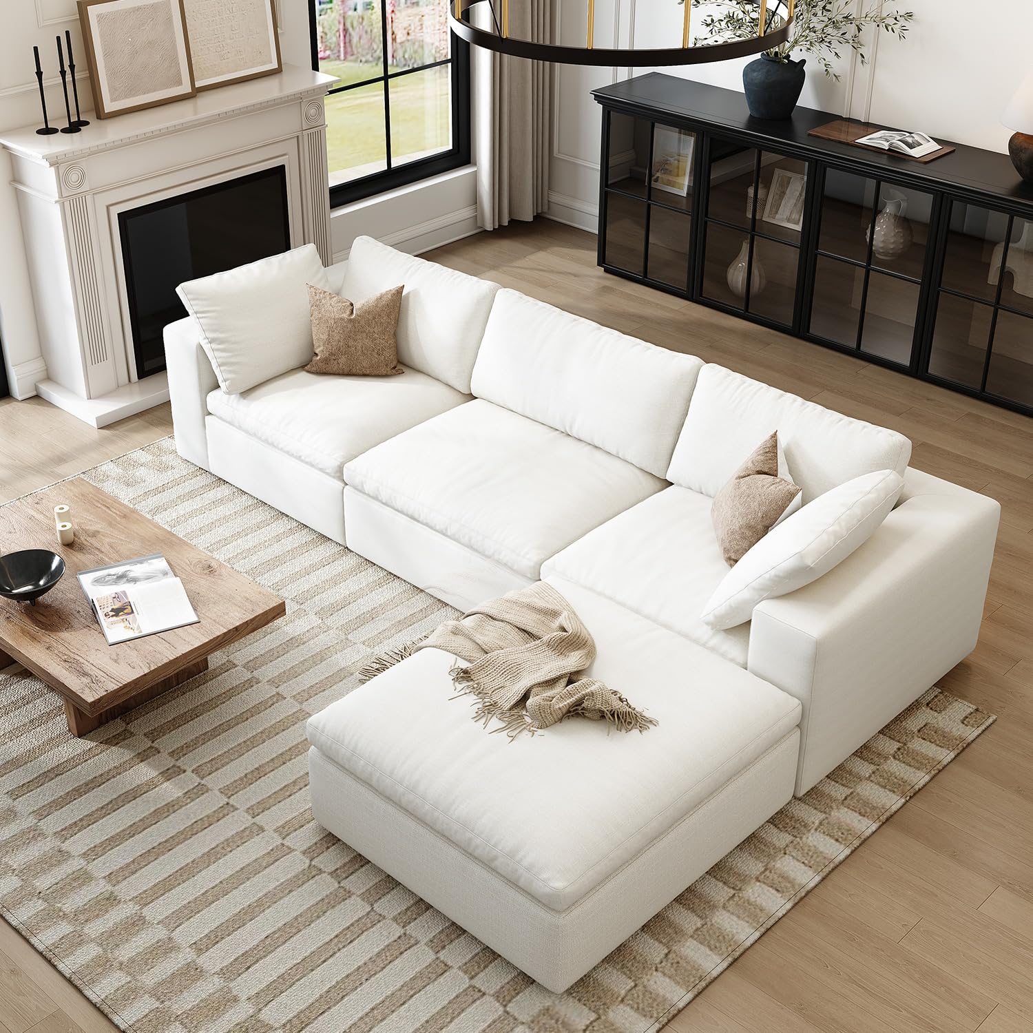 Cloud Modular Sectional Sofa with Storage Ottoman, 120" Down Filled Comfort L Shaped Couch Modular Sectional Couch, Modern Deep Sofa Couches for Living Room Office Apartment (3 Seater+1 Ottoman,White)