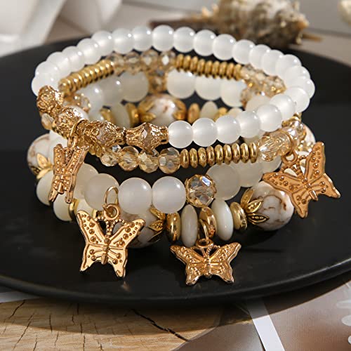 FAXHION Bohemian Bracelets for Women Girls, Gold Beaded Stackable Stretch Bracelet Set, Butterfly Elastic Colorful Charm Bracelets Boho Jewelry (B-bracelet set-4pcs)