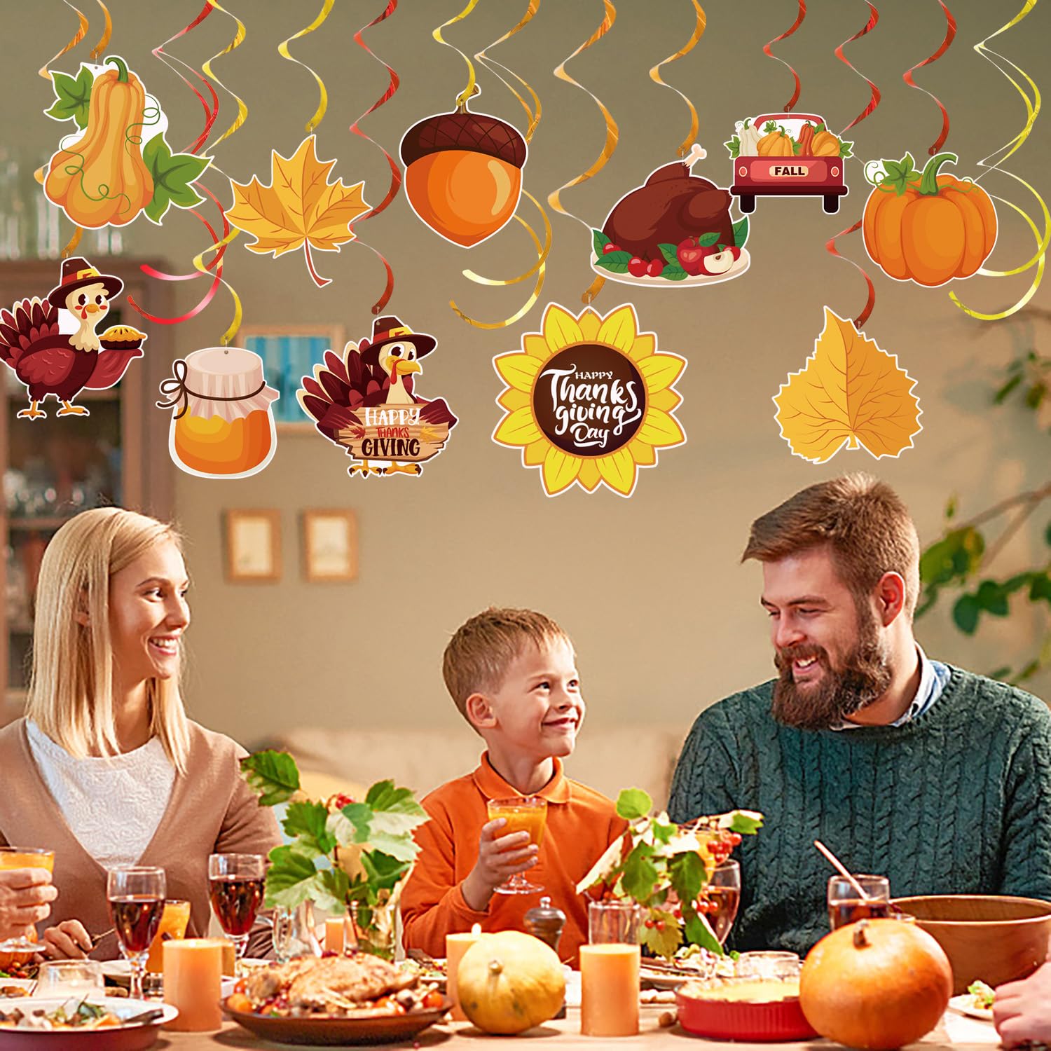 DERAYEE 30Pcs Thanksgiving Party Hanging Decorations, Thansgiving Hanging Swirls Maple Leaves Turkey Pumpkin Foil Ceiling Swirls for Home Office Classroom Autumn Harvest Decor