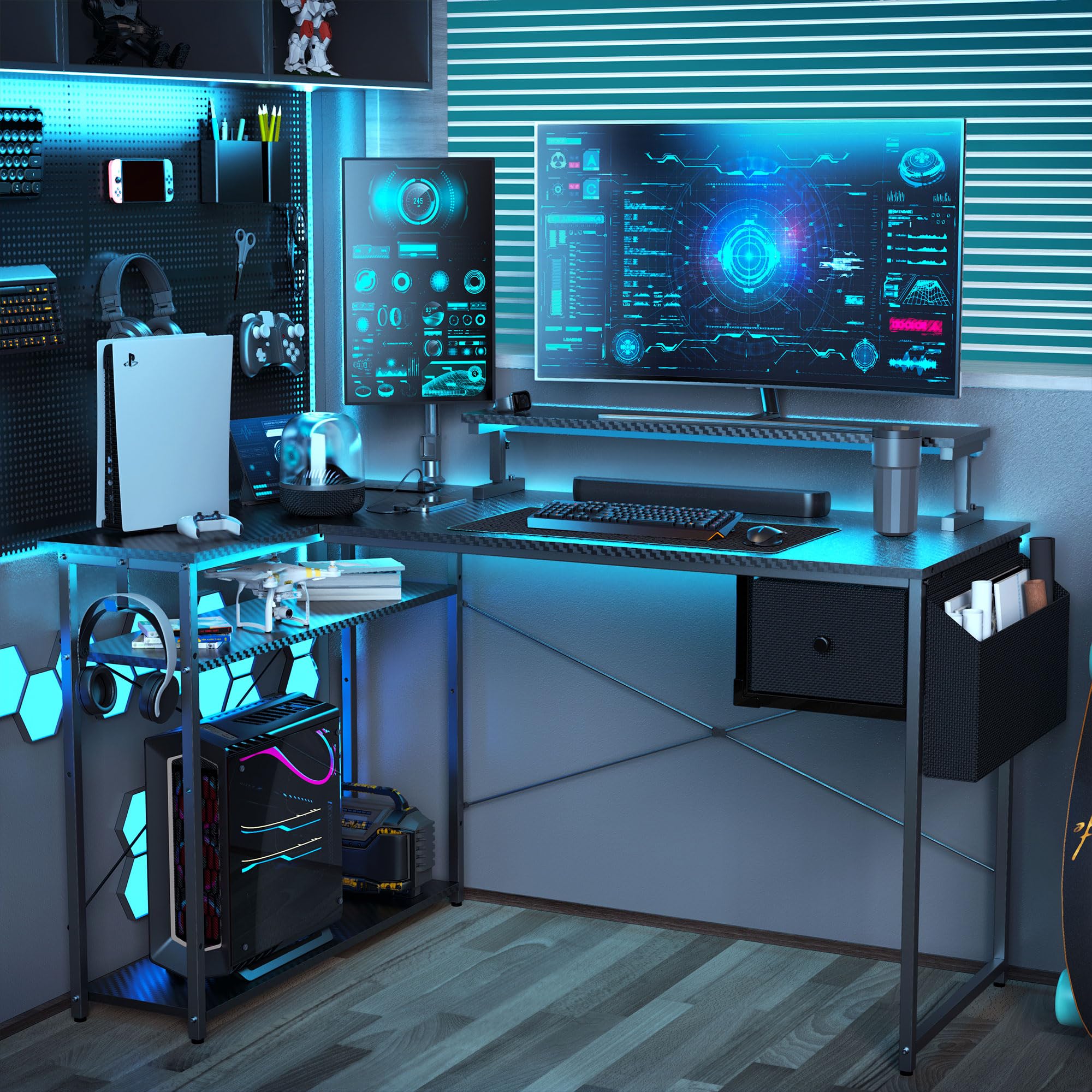 DOMICON L Shaped Gaming Desk, 55 Inch Computer Desk with Adjustable Stand & RGB Lights, Corner Desk for Power Outlet, Carbon Fiber Texture, Gaming Room
