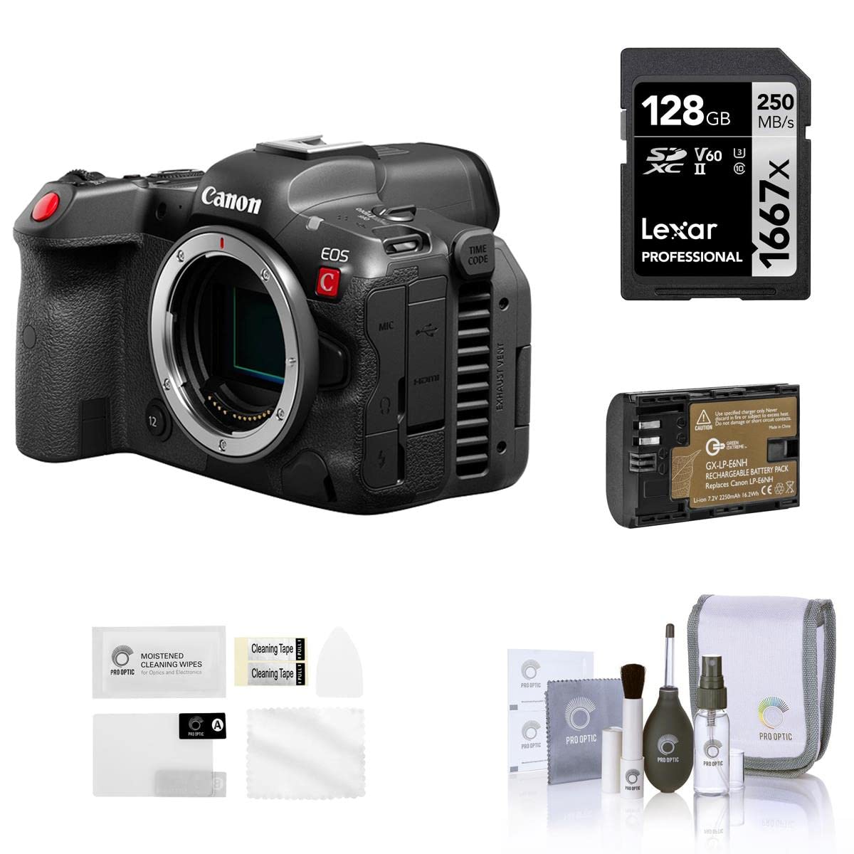 Canon EOS R5 C Mirrorless Digital Cinema Camera Body, Bundle with 128GB SD Memory Card, Battery, Screen Protector, Cleaning Kit