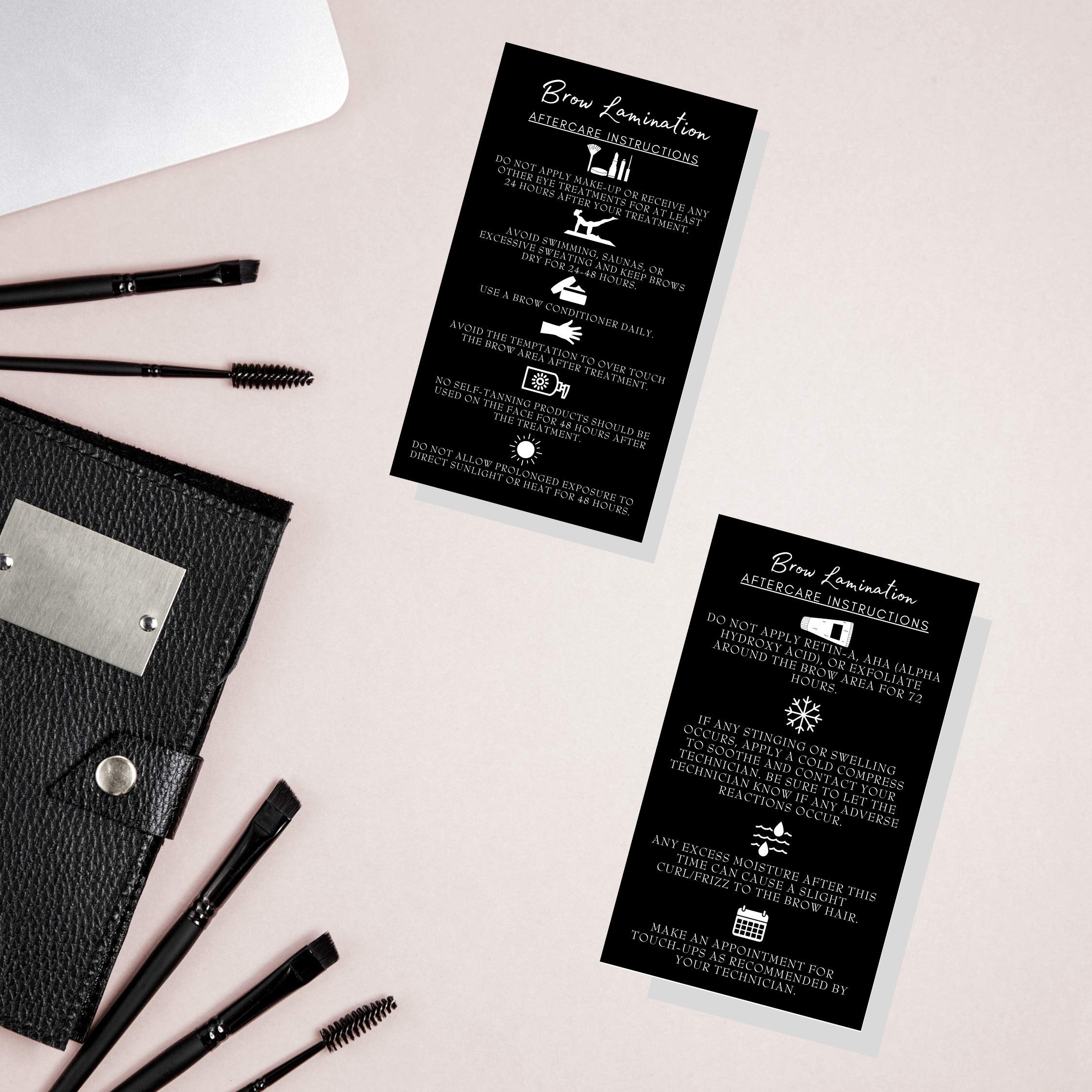 Brow Lamination Aftercare Instruction Cards | 50 Pack | 2x3.5β inches Business Card Size | Starter Lift Kit At Home DIY Brow Lift and Tint | Snatched Brows Black with White Icons Design