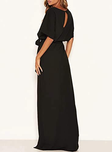 Happy Sailed Womens Batwing Sleeve Tie Waist Long Maxi Dress Side Split Formal Party Dresses Evening Gown Black X-Large