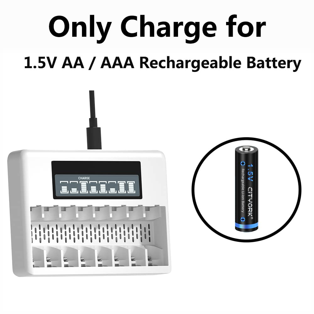 CITYORK 1.5V AA AAA Lthium Battery Charger - 8 Bay, LCD Display Quick Independent for 1.5V AAA AA Li-ion Rechargeable Batteries with USB Cable(1.5 V Rechargeable Battery Fast Charger)