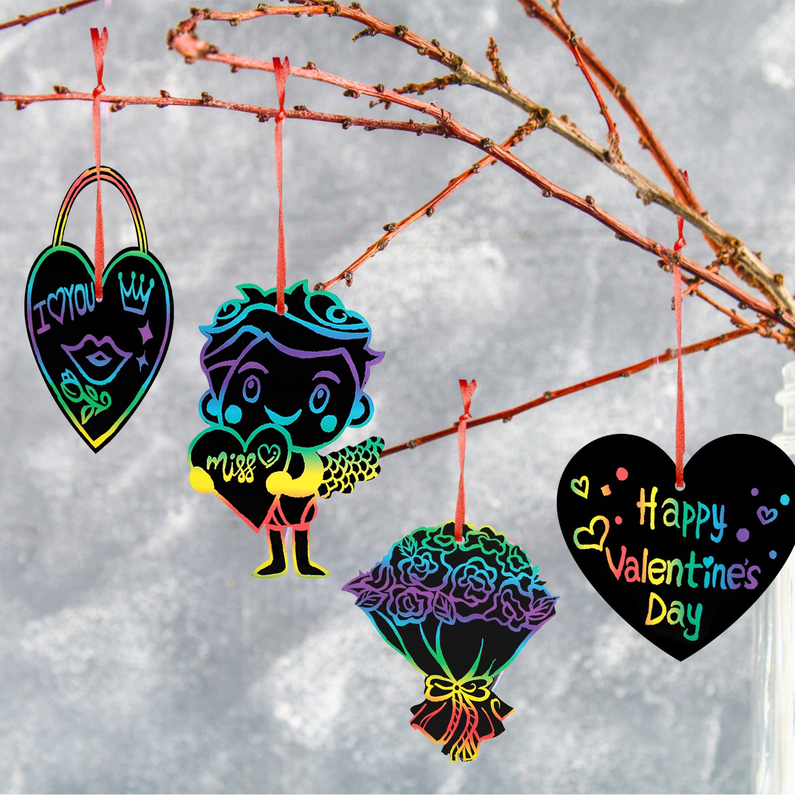 MGparty 48 Packs Valentines Day Gifts Cards for Kids Magic Color Scratch Heart Rainbow Scratch Paper Valentine Crafts for Kids Classroom Exchange Create Rainbow Scratch Art Party Reward