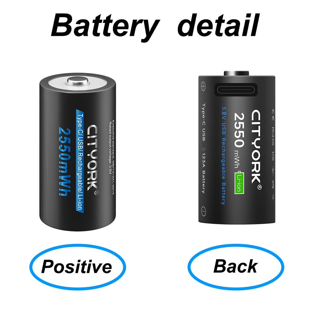 CITYORK CR123A 2550mWh Lithium Battery 6 Pack, 2550mWh CR-123A Lithium Battery for High Intensity Flashlight, Home Safety, Security Devices with 4 in 1 USB-C Cable(Not D Size Battery)
