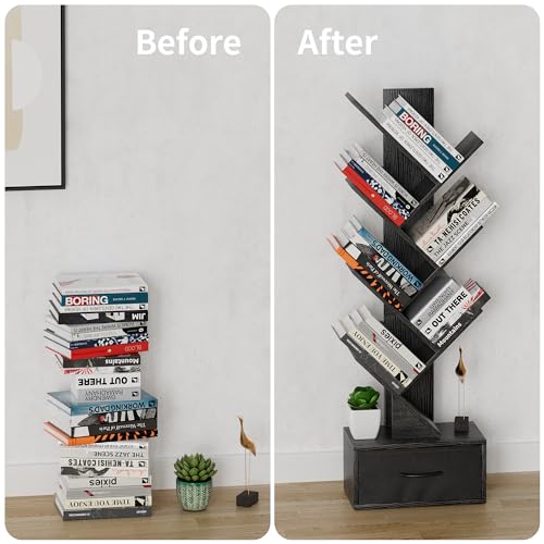 Egepon 6-Tier Tree Bookshelf with Drawer Black Book Shelf Storage Rack Floor Standing Bookcase for CDs Movies Books Multifunctional Organizer Shelves for Home Office Living Room Bedroom