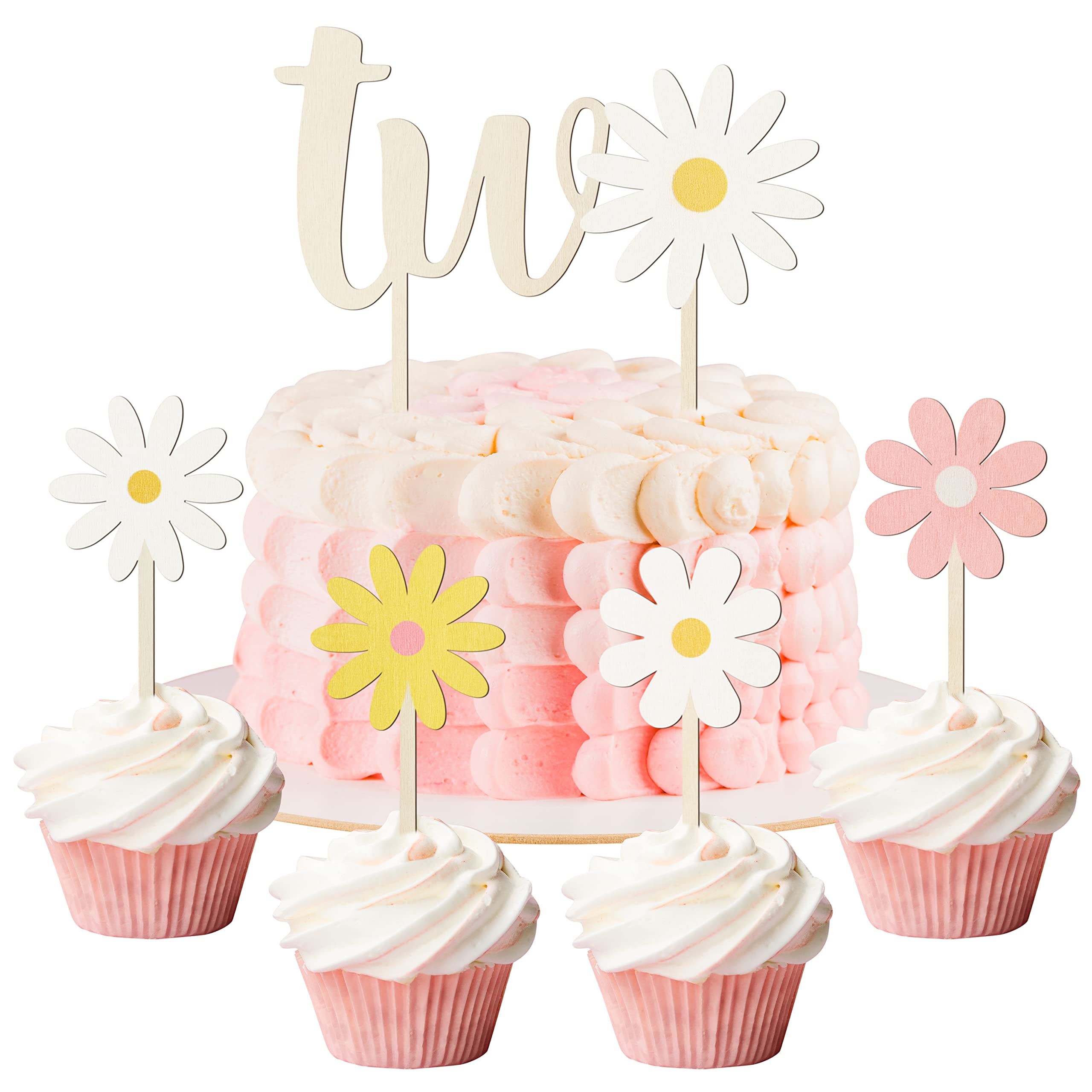BkeeCten 5pcs Daisy Wooden TWO Cake Toppers Painted Colorful Boho Groovy Daisy Flower Dessert Cupcake Topper Decors for Kid’s Two Years Old Birthday Party Baby Shower Party Favors Supplies