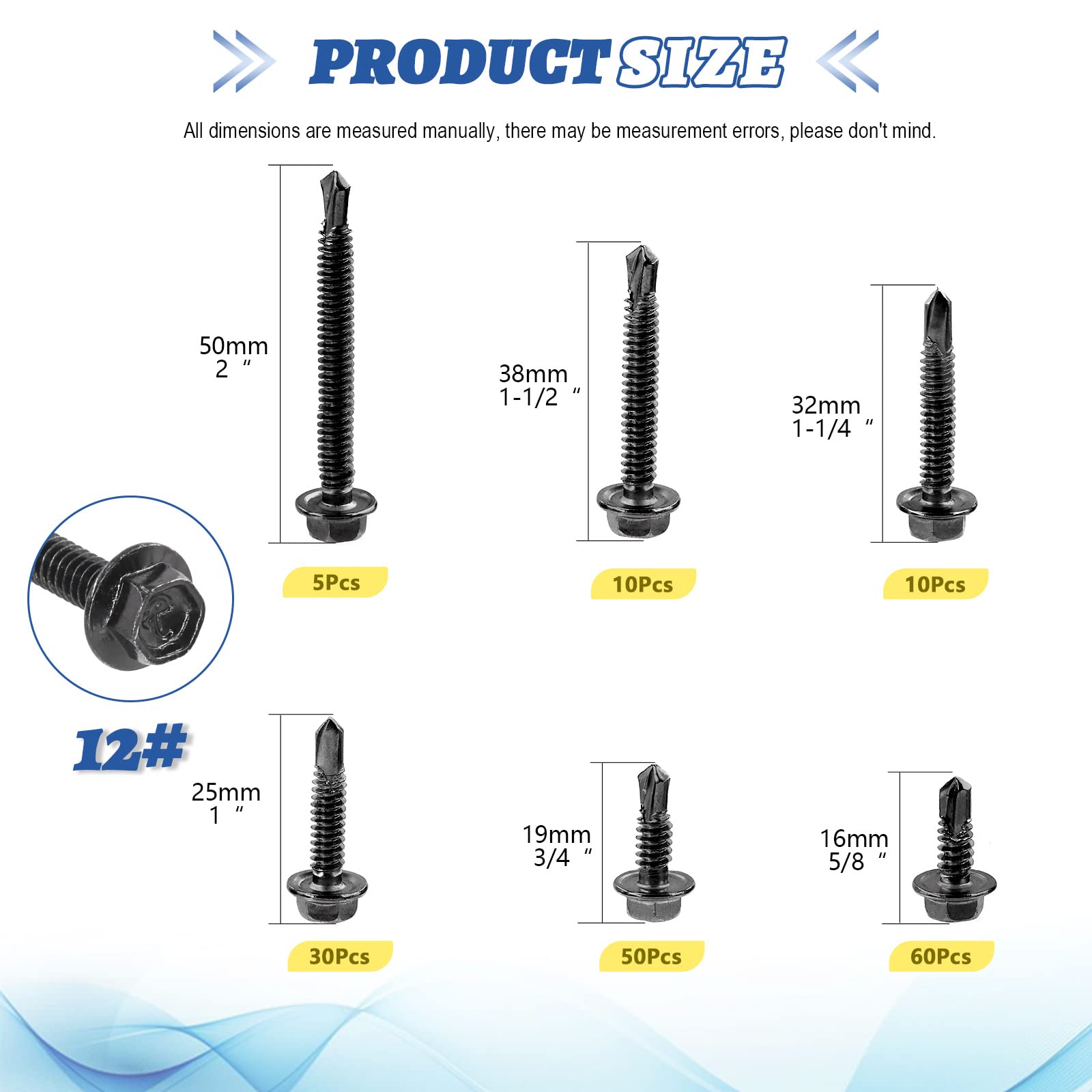 Glarks 165Pcs 410 Stainless Steel #12 Hex Washer Head Self Drilling Screws Assortment Kit 6 Size Black #12x5/8, #12x3/4, #12x1, #12x1-1/4, #12x1-1/2, #12x2 Sheet Metal Screws with Drill Point