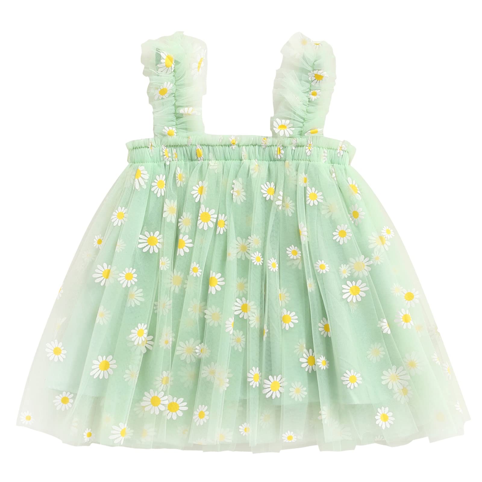 Mubineo Toddler Baby Girl Flower Tulle Tutu Dress Strappy Princess Dresses Sundress (Green Daisy, 6-12 Months)