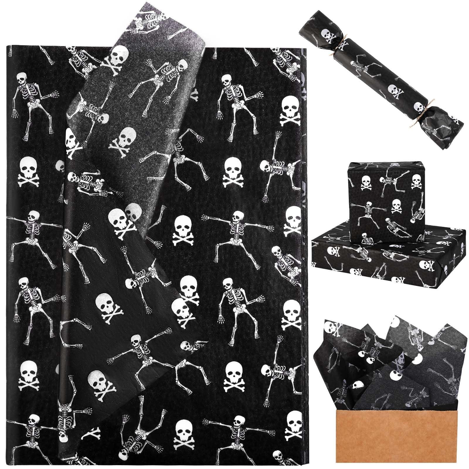 Bolsome 100 Sheets 20 × 14 Inches Halloween Tissue Paper for Gift Packaging Black White Dancing Skeleton Patterned Tissue Paper for Halloween Trick or Treat Party DIY Craft