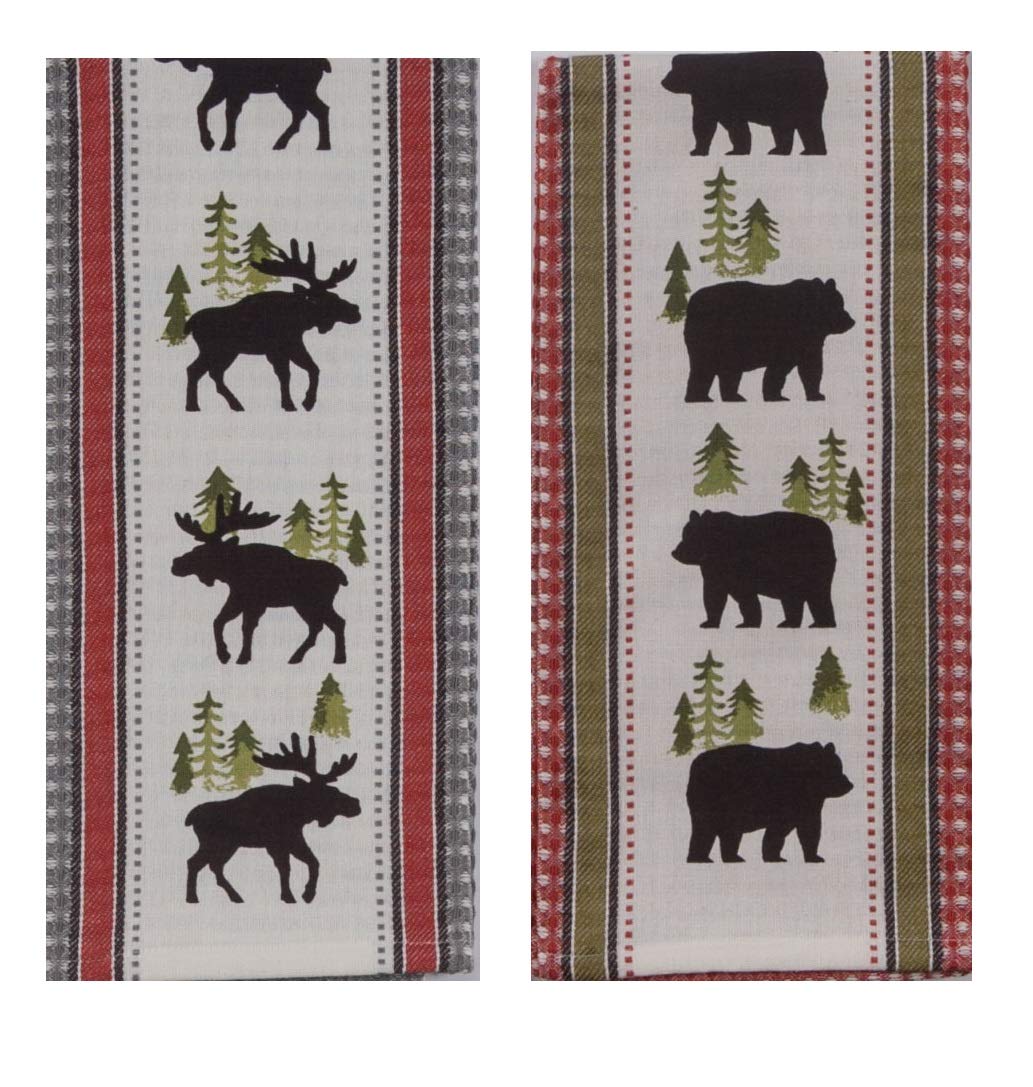Cabin Lodge Themed Wilderness Kitchen Towels With Bear And Moose, 2 Piece Bundle
