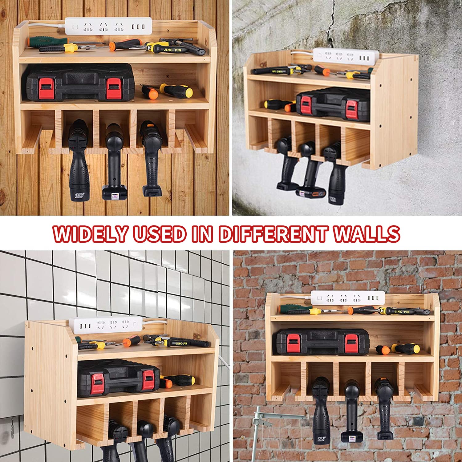 Baoz Wooden Power Tools Organizer Cabinets 5 Hanging Slots Drill Charging Station Wall Mounted Garage Tool Holder Cordless Drills Storage Shelf Rack for Circular Saw, Screwdriver Drill Impact Wrench