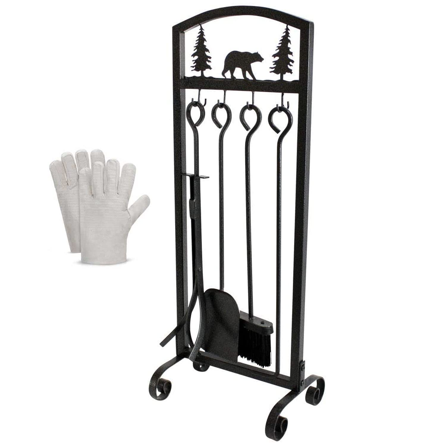 MYFIREPLACEDIRECT 5 Pieces Fireplace Tool Set Strength Wrought Iron, Fire Place Toolset Indoor Outdoor Hearth Accessories Kit with Fireplace Brush, Fire Poker, Firewood Tong, Fireplace Shovel, Glove