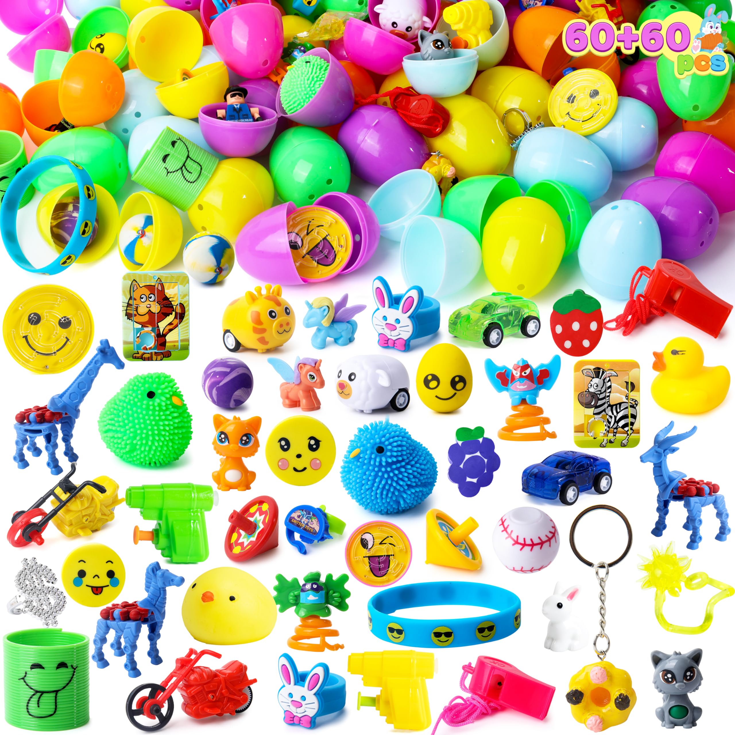 JOYIN 60Pcs Easter Eggs with Toys Inside, Prefilled Easter Eggs Stickers with Assorted Toys for Kids Boys Girls,Easter Party Favors Easter Eggs Hunt, Basket Stuffers Filler, Classroom Exchange