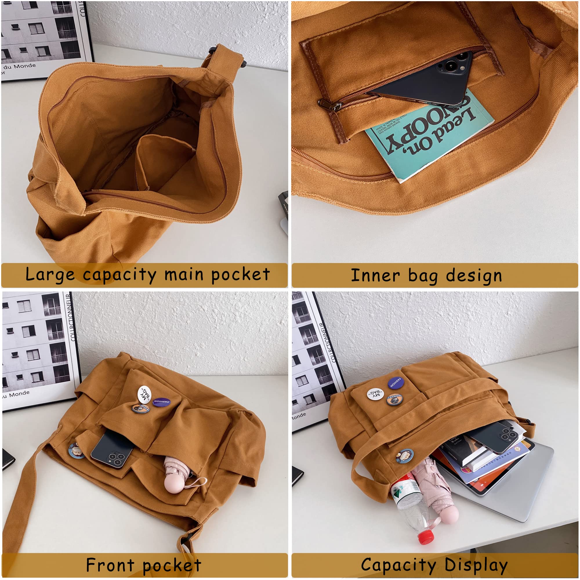 Canvas Messenger Bag Large Hobo Crossbody Bag with Multiple Pockets Shoulder Tote Bag for Women and Men (Beige)
