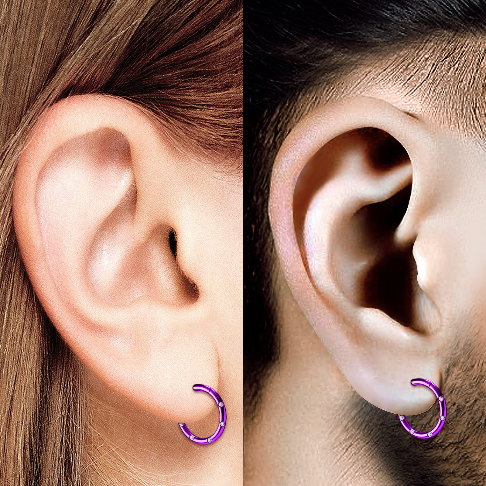BIG GAUGES Pair of Purple Anodized 16gauges 1.2mm 6mm CZ Stones Hinged Segment Nose Hoop Ring Cartilage Septum Tragus Piercing BG7307