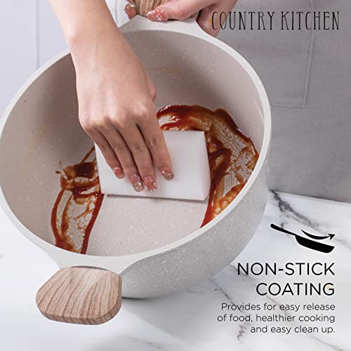 Country Kitchen Nonstick Cookware Sets - 6 Piece Nonstick Cast Aluminum Pots and Pans with BAKELITE Handles - Non-Toxic Pots with Glass Lids - Speckled Cream with Light Wood Handles