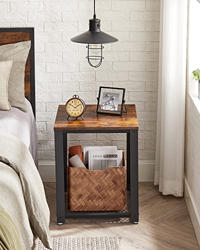 VASAGLE Side Table, 2-Tier Nightstand, End Table with Mesh Shelf, Steel Frame, Adjustable Feet, for Living Room, Bedroom, Industrial Style, Rustic Brown and Black ULET41X