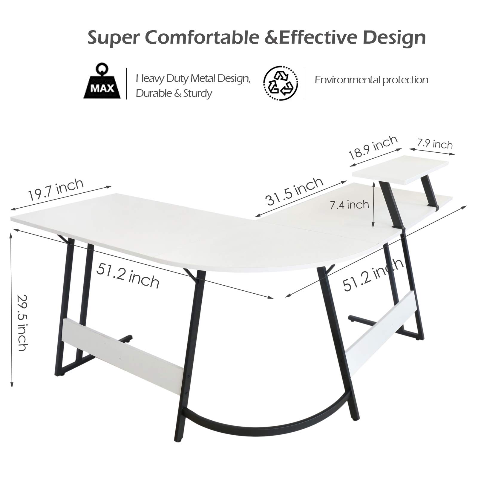 Lufeiya L Shaped Desk White Corner Computer Desks for Small Space Home Office Student Study Bedroom PC Work,51 Inch Modern L-Shaped Writing Table with Monitor Stand