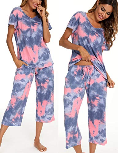ENJOYNIGHT Women's Tie Dye Printed Pajama Sets Sleepwear Top with Capri Pants Lounge Sets with Pocket(X-Large, Blue Pink)