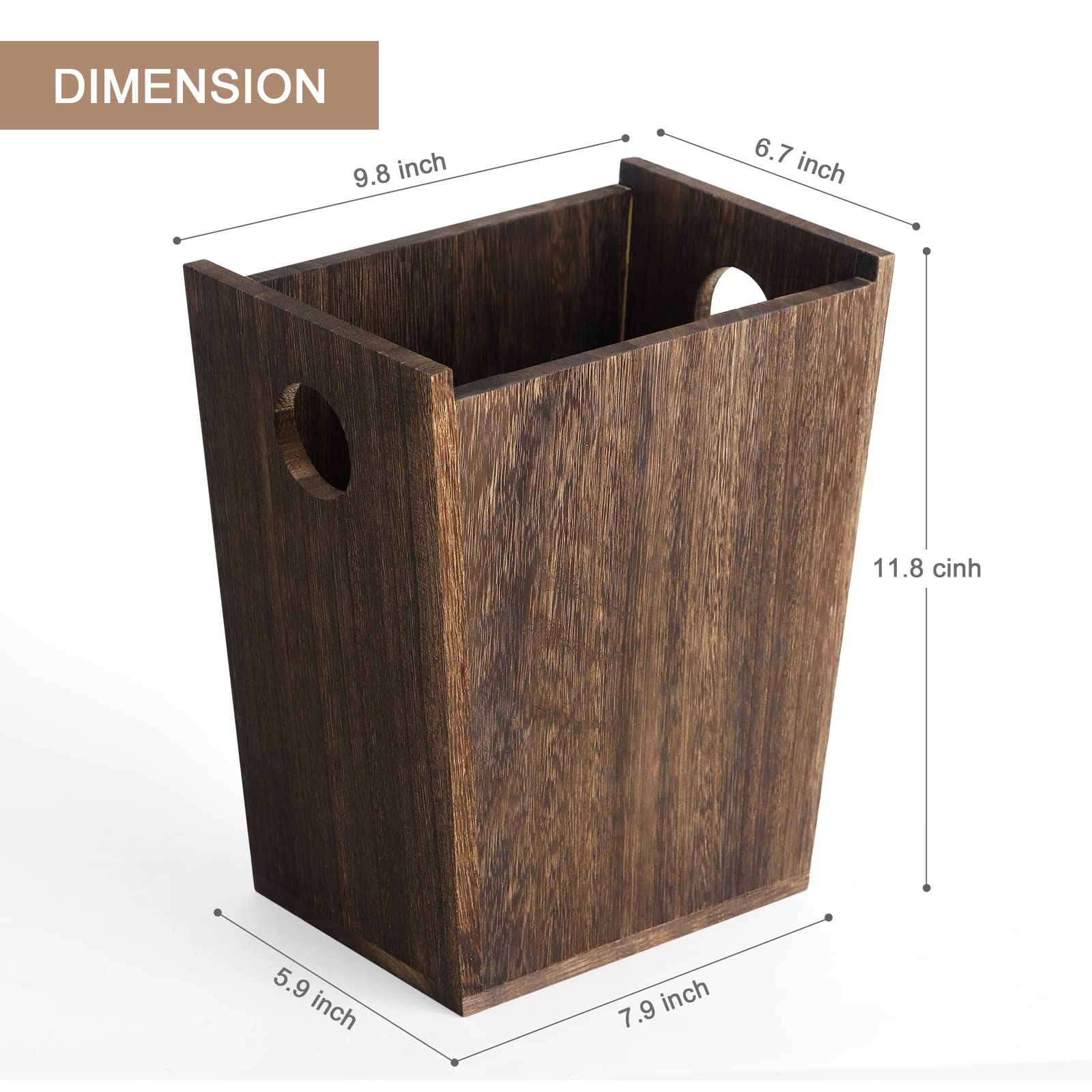 ETELI Wood Trash Can Wastebasket Small Rectangular Farmhouse Rustic Garbage Bin with Handles for Bedroom, Bathroom, Kitchen, Office, Brown