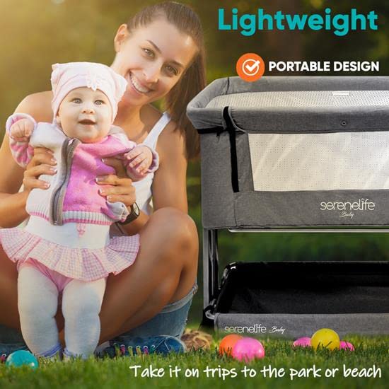 SereneLife Baby Bassinet, Bedside Sleeper for Infant & Newborn, Baby Bed for Safe Co-Sleeping, Easy Folding Portable Crib w/Storage Basket, Adjustable Height, Wheels, All Mesh, w/Travel Bag (Grey)