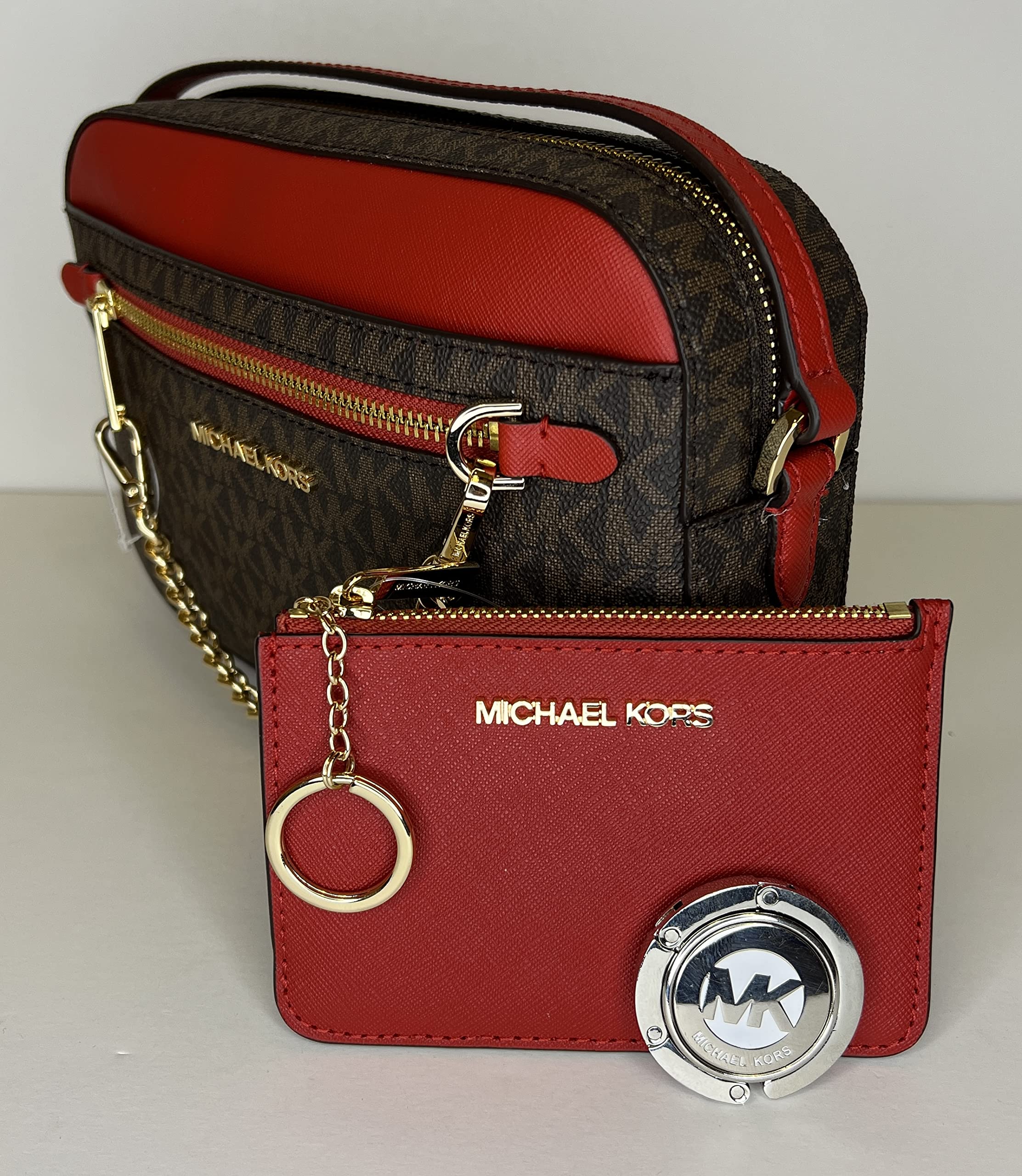 Michael Kors Jet Set Large Chain Crossbody Bag bundled with with SM TZ Coinpouch Wallet and Purse Hook (Signature MK Brown/Flame)