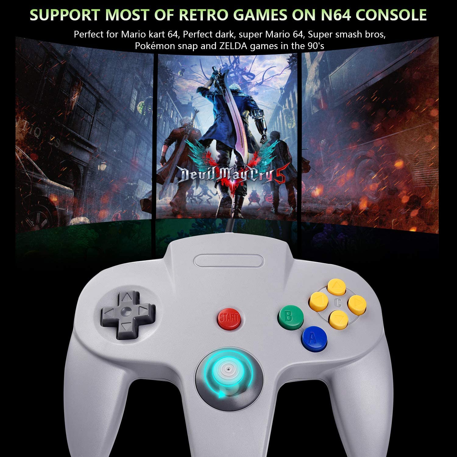 MODESLAB USB N64 Controller,Retro Classic Wired 64 Bit Remote Gamepad Joystick for Windows PC Linux Mac Raspberry Pi 3 - Gray