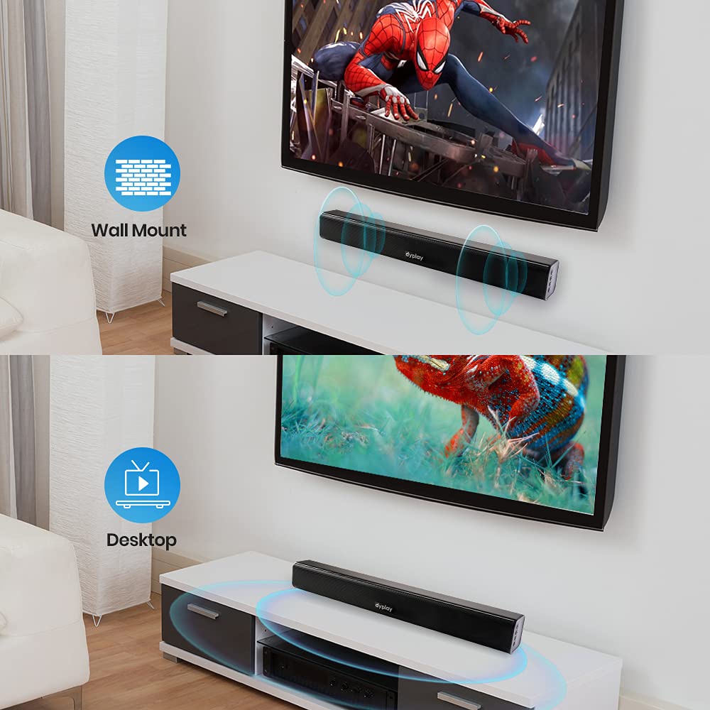 Sound Bars for TV, Dyplay 20-Inch Small Bluetooth 5.0 Soundbar, Built-in DSP, 100W 4 Equalizer Modes Audio, HDMI/Optical/AUX/TF/USB Connection for TV, Smartphones, PC, Home Theater, Gaming, Projectors