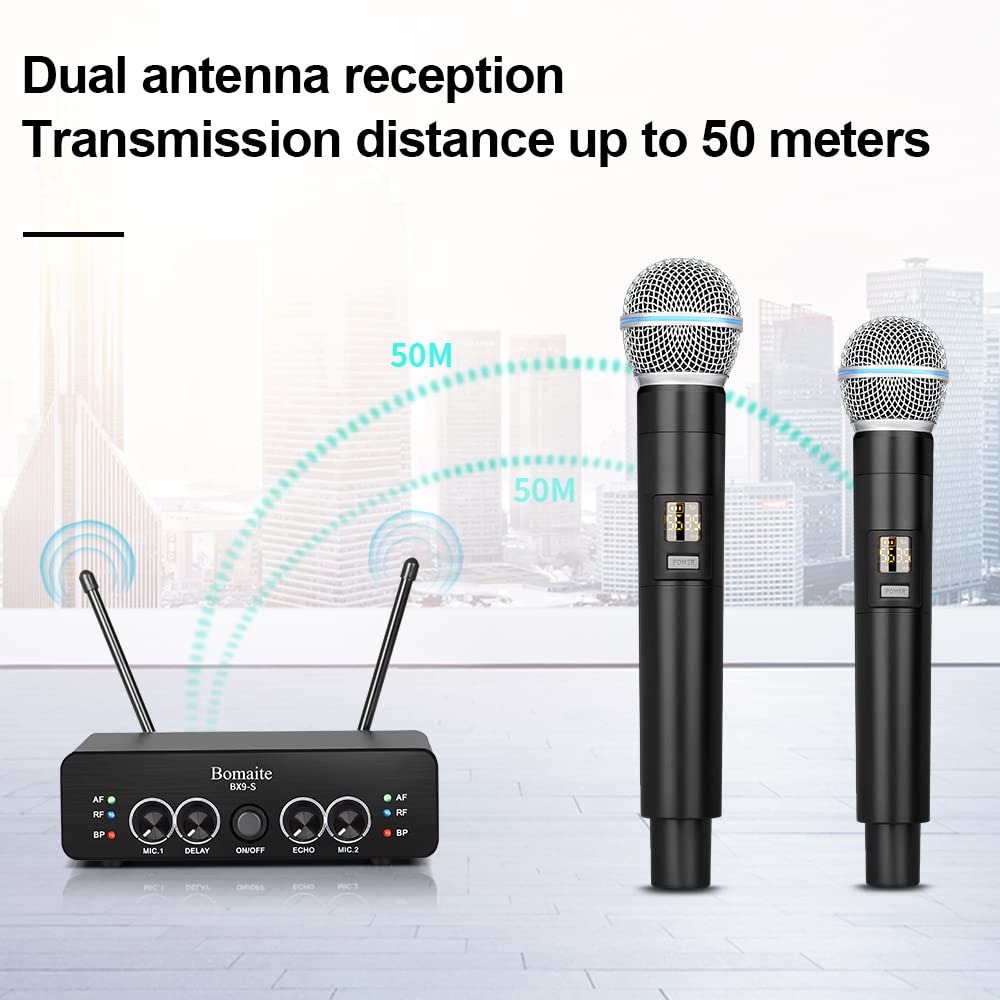 Bomaite BX9-S UHF Wireless Microphone System, Karaoke Microphone Wireless Mic Cordless Dual with Volume Control and Echo,DEALY for Karaoke Singing Speech Meeting Church DJ Party, 165FT