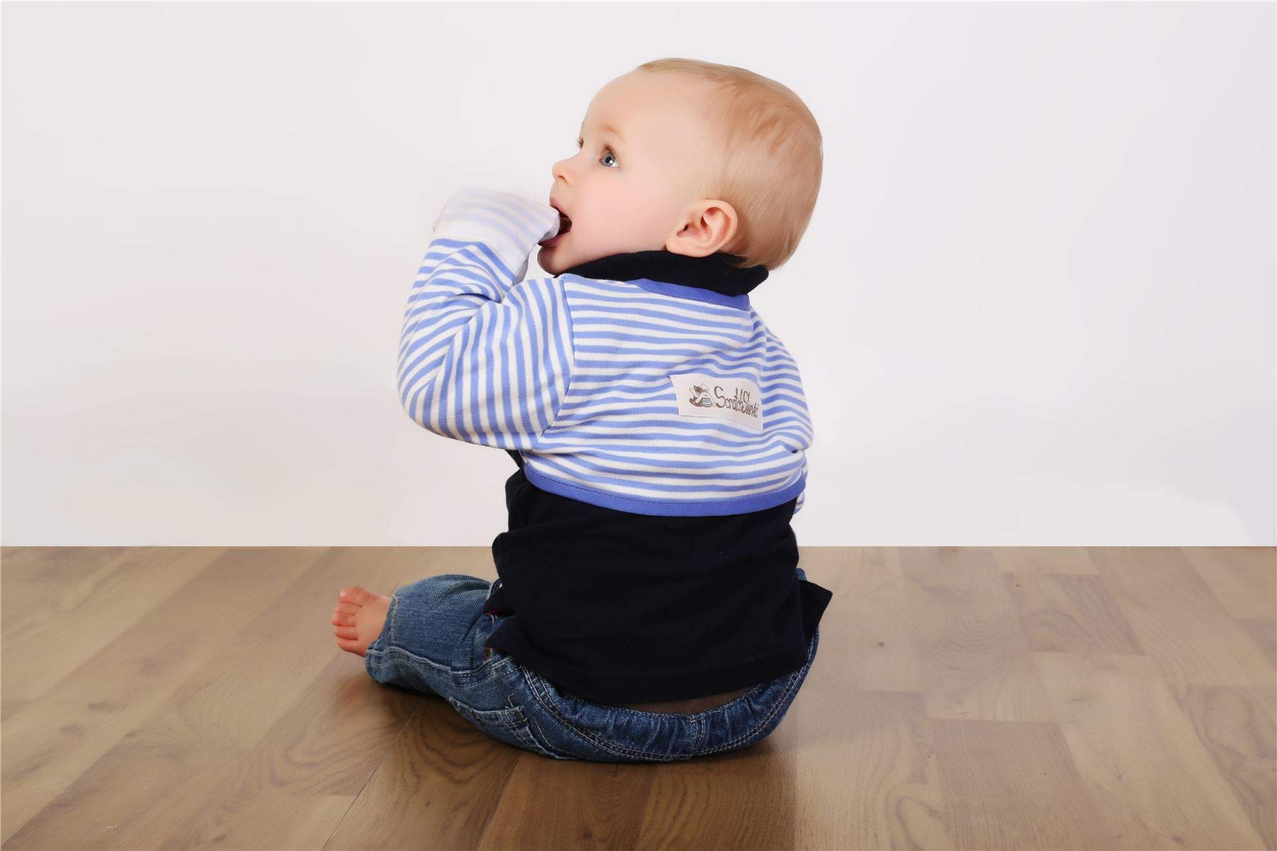 ScratchSleeves | Baby Boys' Stay-On Scratch Mitts | Stripes | Blue and Cream | 12-18m