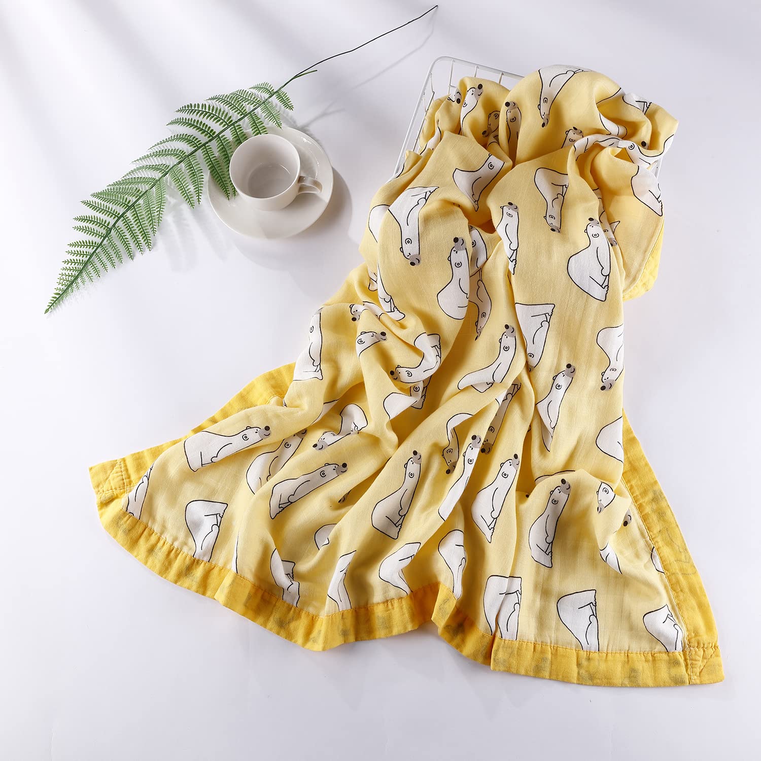 Muslin Soft Swaddle Blanket Quilt, Baby Blankets for Boy Girl Toddler Daycare, 4 Layers Swaddle Wrap, Size 43X45inchs (Bear Yellow)