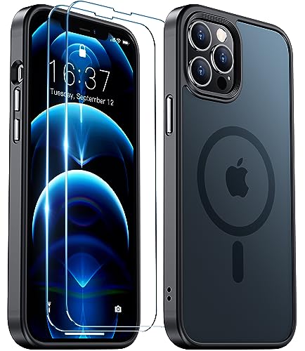 femrit Magnetic Case for iPhone 12 Pro Max Case, [Compatible with MagSafe] [2 Pcs Tempered Glass Screen Protector] [Translucent Matte] Military Grade Drop Shockproof Phone Case 6.7 inch - Black