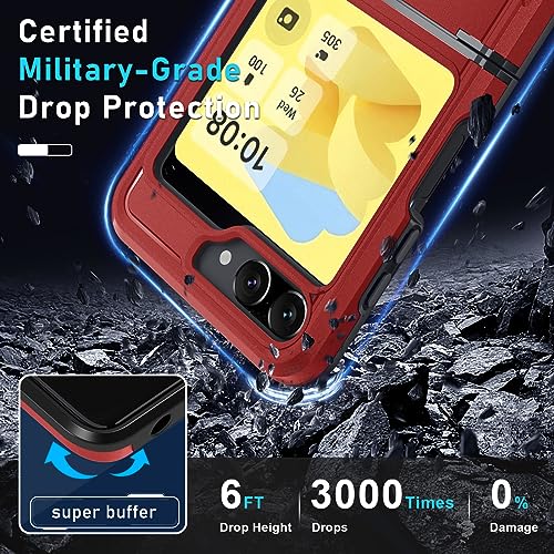 Janmitta for Samsung Galaxy Z Flip 5 Case Built in Front Screen Protector+Hinge Protection+Finger Ring Metal Kickstand,Heavy Duty Shockproof Full Body Protective Cover,2023 Red