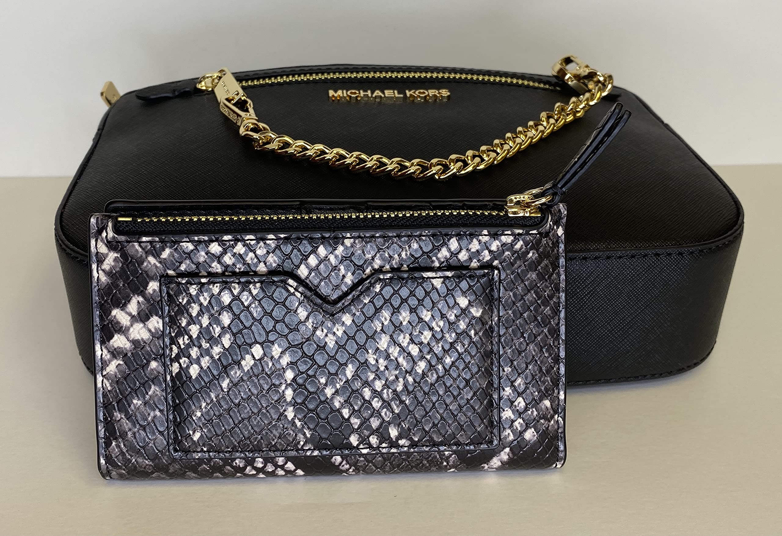 MICHAEL Michael Kors Jet Set Large Crossbody Bag bundled with Jet Set Travel SM Zip Card Case Wallet (Black/Python Embossed)