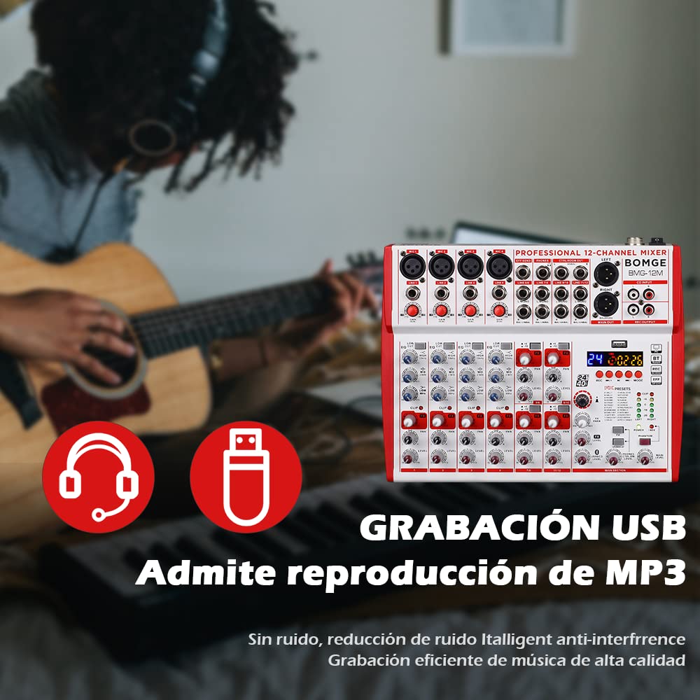 BOMGE 10-Input sound board Mixer with Mic Preamps and Compressors, 24DSP, bluetooth,48V Power,British EQ and USB/Audio Interface fro recording, karaoke and podcast. (10M-10 Channel)