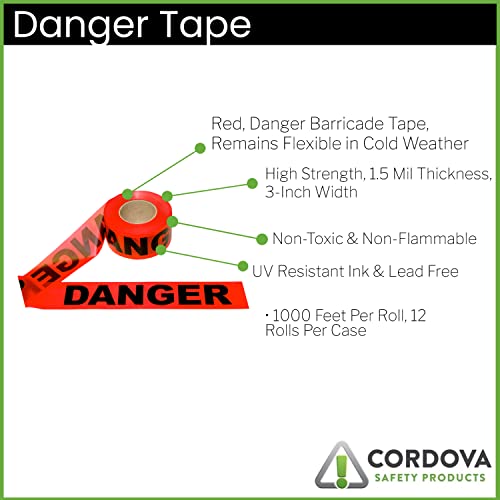 Cordova Safety Products - T15211 Pro Pack Danger Barricade Tape - Set of 12 Rolls - Each Roll Measures 3" x 1000' - Red, 3"/1000' Red