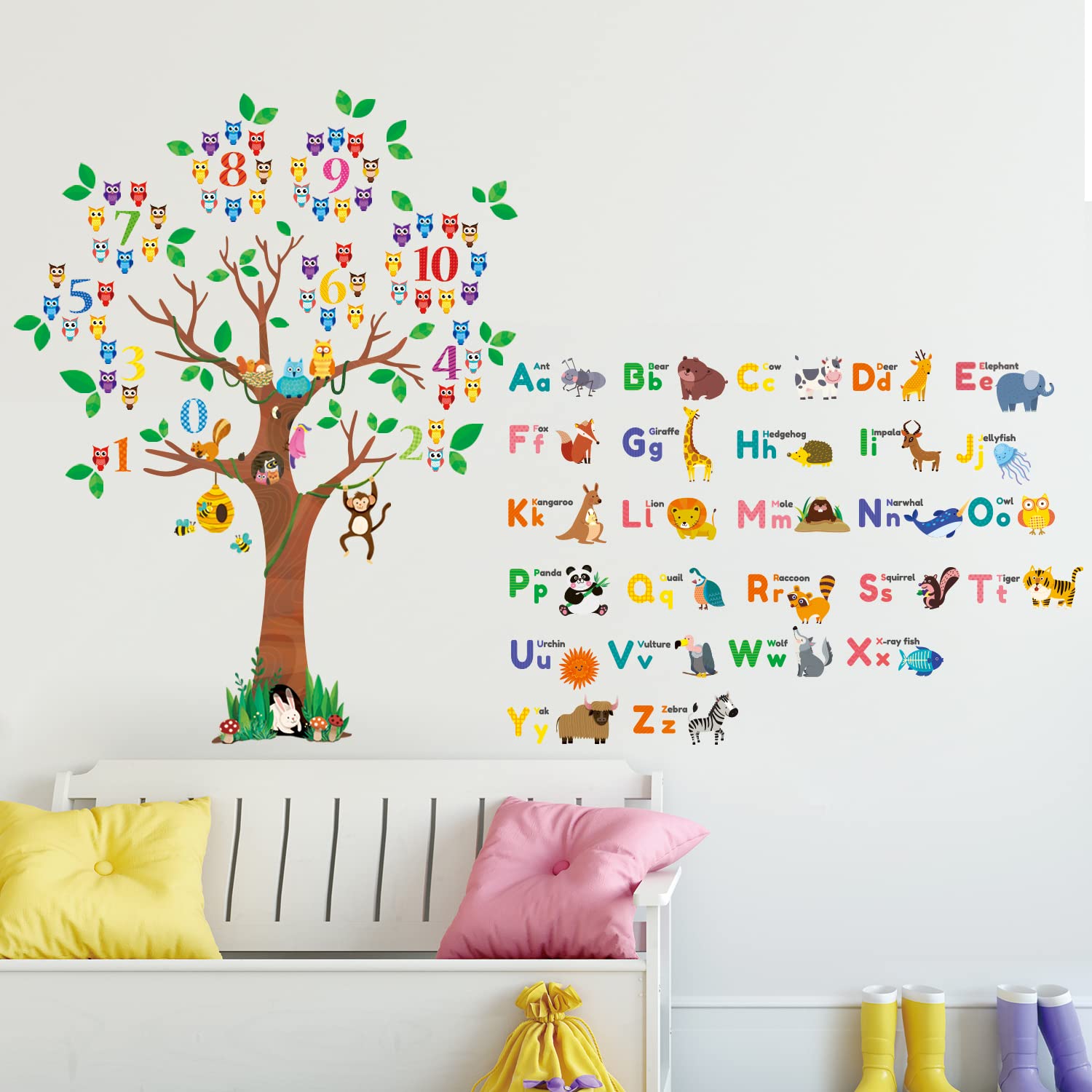 DECOWALL BS-113 Number Tree Alphabet Wall Stickers Kids Decals Nursery Bedroom Peel and Stick Removable Animal Living ABC Classroom