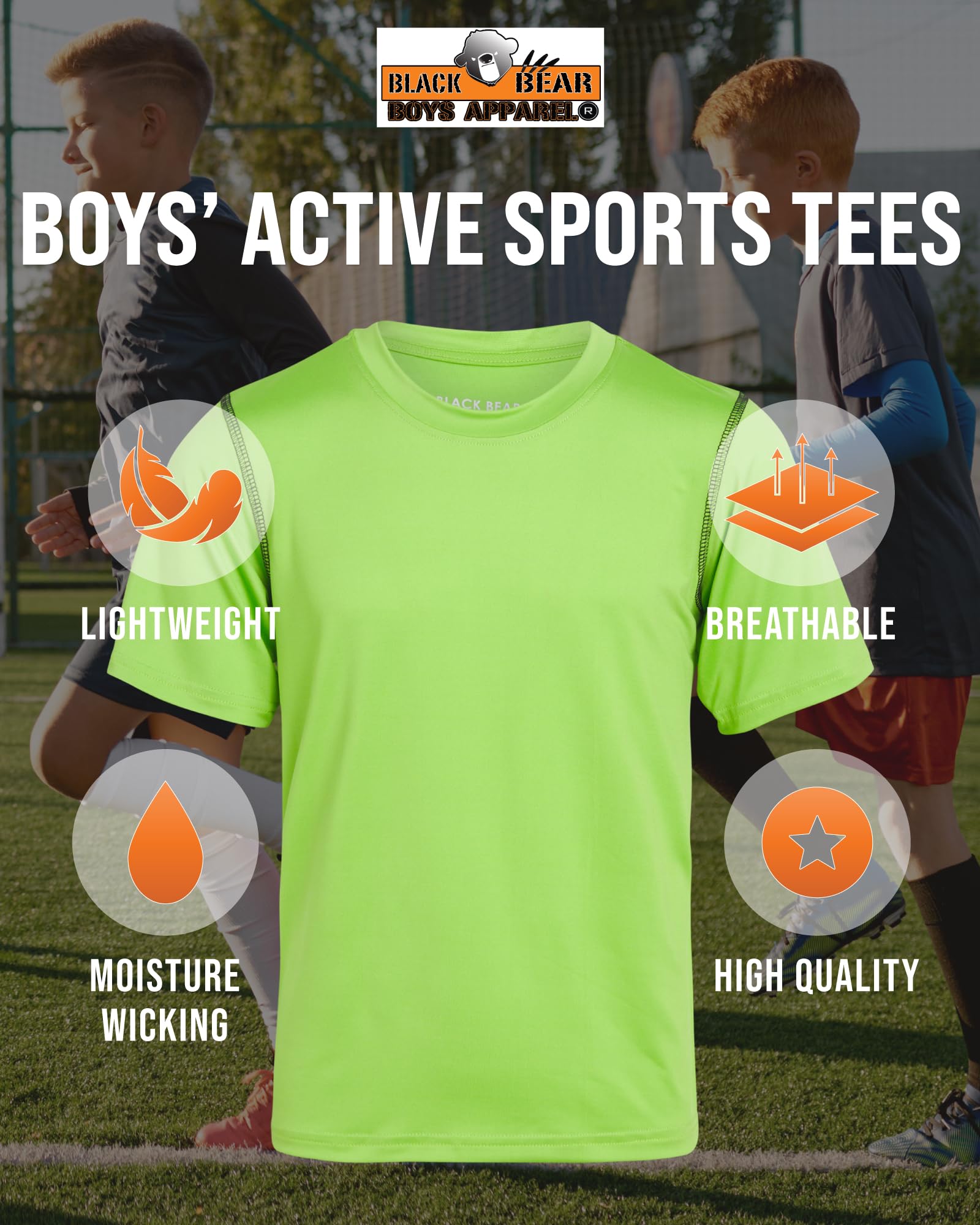 Black Bear Boys’ Athletic T-Shirt – 4 Pack Active Performance Dry-Fit Sports Tee (4-18), Size 12-14, Black/Red/Black/Green
