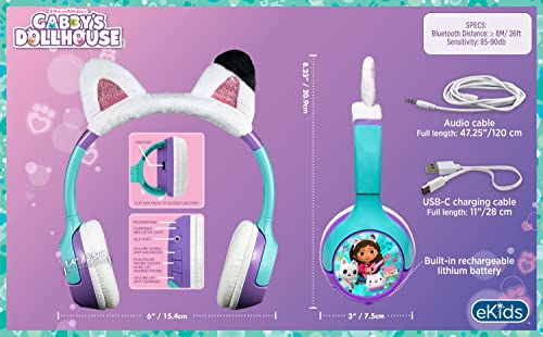 eKids Gabbys Dollhouse Kids Bluetooth Headphones, Wireless Headphones with Microphone Includes Aux Cord, Volume Reduced Kids Foldable Headphones for School, Home, or Travel