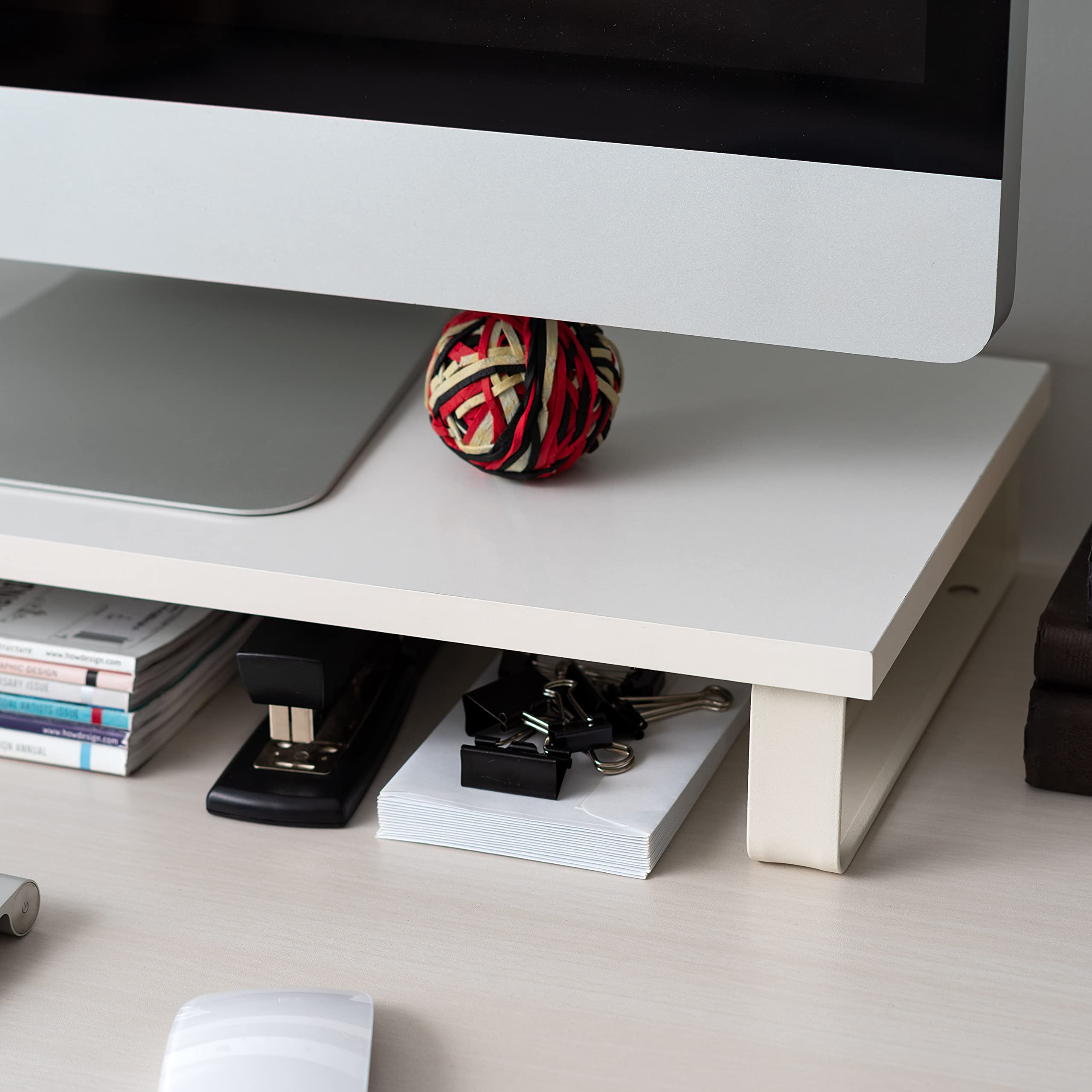 IRIS USA 2-Tier Long Multi-Purpose PC Monitor Organizer Stand, Stackable Ergonomic Desktop and Countertop Riser for Computer Laptop TV Shoes Kitchen Pantry and Closet Organization, White