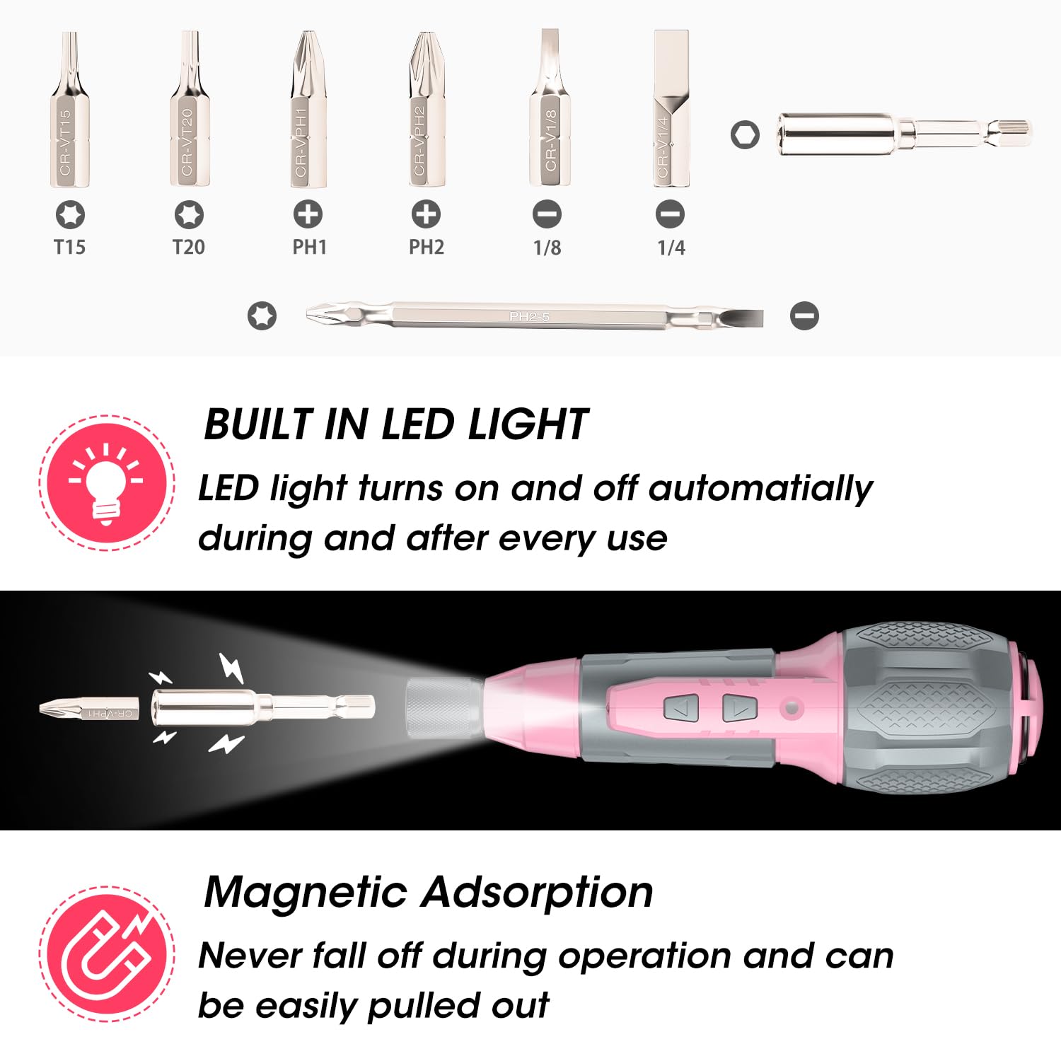 WORKPRO Electric Cordless Screwdriver Set - 4V USB Rechargeable Lithium-ion Battery Screwdriver Kit with LED Light - Small Screwdriver with 7pcs Bits for Home, Office, Apartment - Pink Ribbon