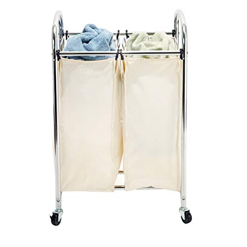 Seville Classics Laundry Hamper Sorter Cart Mobile Premium 2-Bag Compact, Canvas