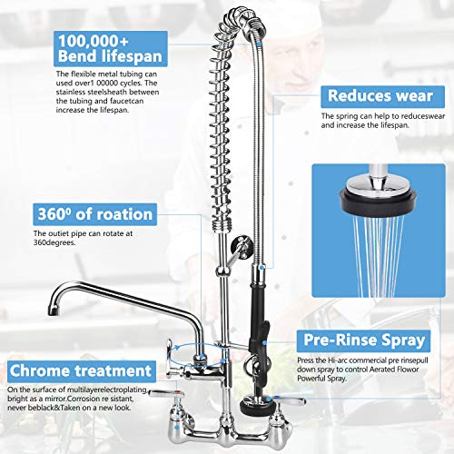 COOLWEST Commercial Sink Faucet 8 Inch Center Wall Mount Kitchen Faucet with Pull Down Pre-Rinse Sprayer and 12” Add-on Swivel Spout, 36” Height Perfect for 3 Bay Compartment Sink