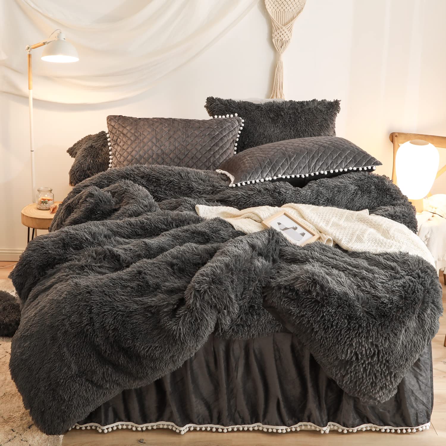 HAIHUA Luxury Plush Shaggy Duvet Cover Flannel Velvet Bedding (1 Faux Fur Duvet Cover +2 Faux Fur Pillowcases)Fluffy Comforter Bed Sets 3 Pieces ,Zipper Closure (Dark Gray, Queen)